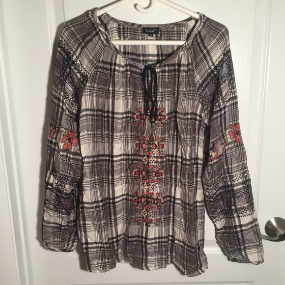 Tolani | Tops | Tolani Embroidered Plaid Drawstring Neck Tunic Top ...